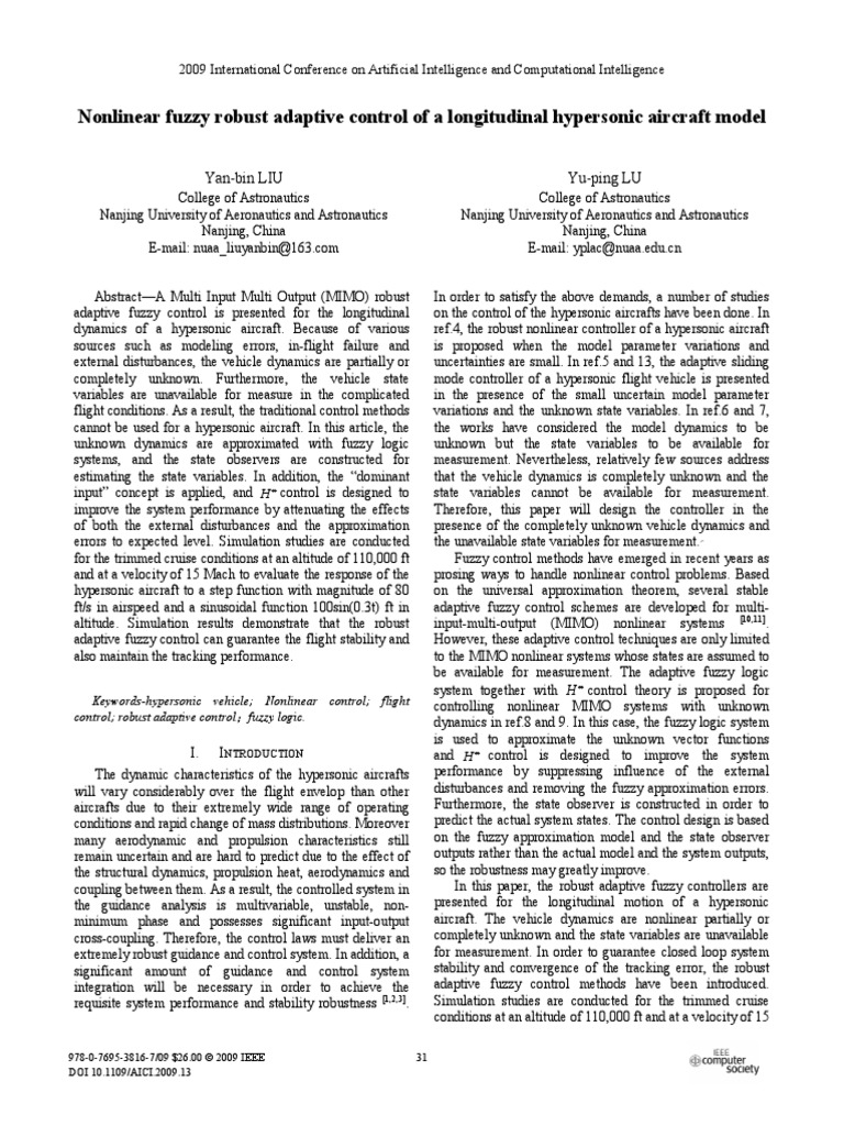 Nonlinear Fuzzy Robust Adaptive Control of A Longitudinal Hypersonic Aircraft Model | PDF