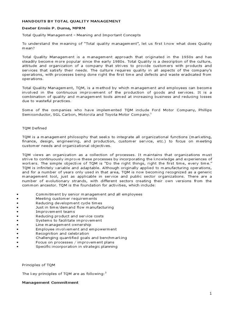 Handouts by Total Quality Management | PDF | Six Sigma | Quality Management