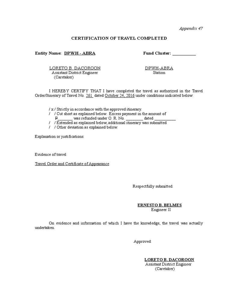 Certification of Travel Completed: Loreto B. Dacoroon Dpwh-Abra ...