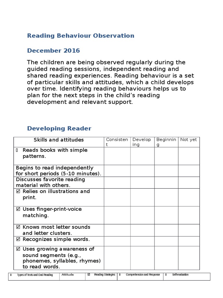2 Developing Reading Behaviour Observation | PDF | Reading (Process ...