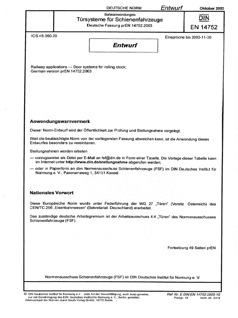 En 14752-2005 Railway Applications-Door Systems For Rolling Stock | PDF