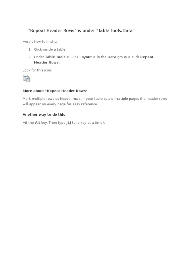 "Repeat Header Rows" Is Under "Table Tools/Data" | PDF