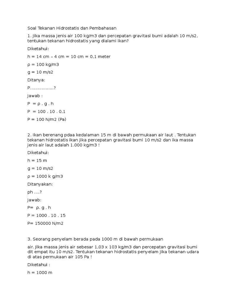 Soal dan Pembahasan Tekanan Hidrostatis | PDF | Ilmu Sosial | Sains ...