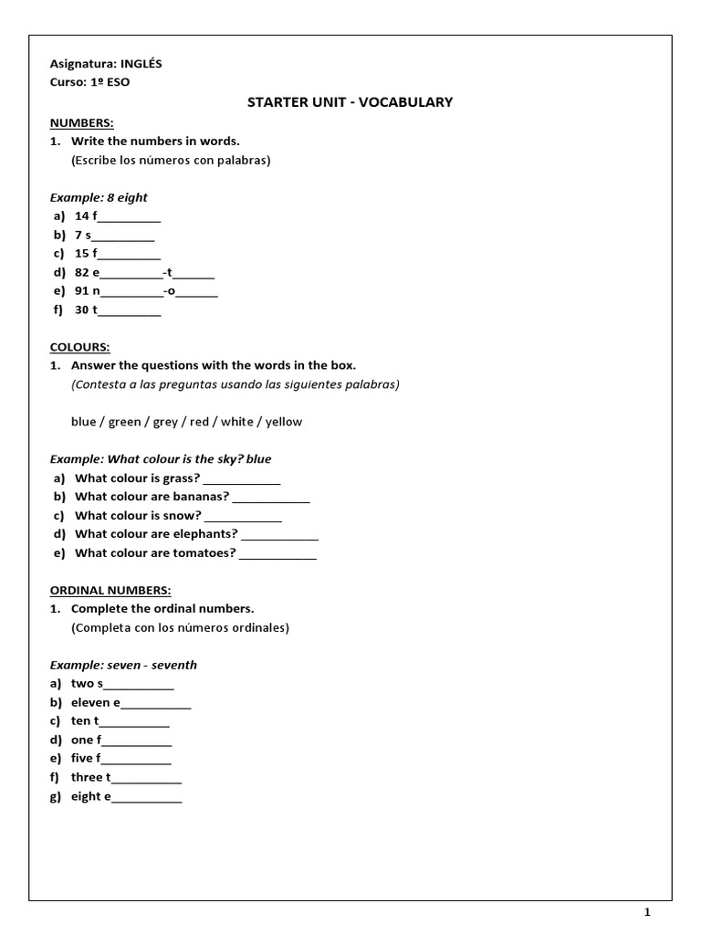 Inglés 1º ESO - Starter Unit - Actividades | PDF | Subject (Grammar) | Linguistic Morphology