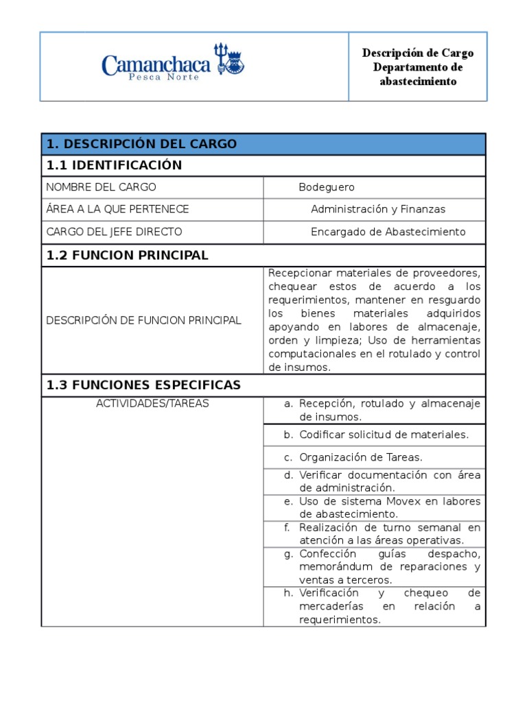 Formato Descripcion Del Cargo Bodeguero | PDF | Science | Tecnología (general)