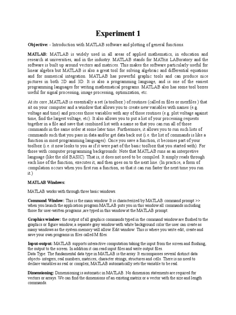 Experiment 1 Objective Introduction With Matlab Software And Plotting Of General Functions