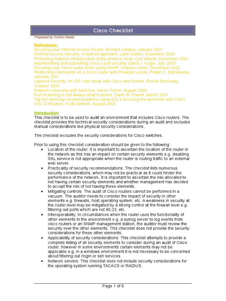 Cisco Router Security Checklist | PDF | Transmission Control Protocol ...