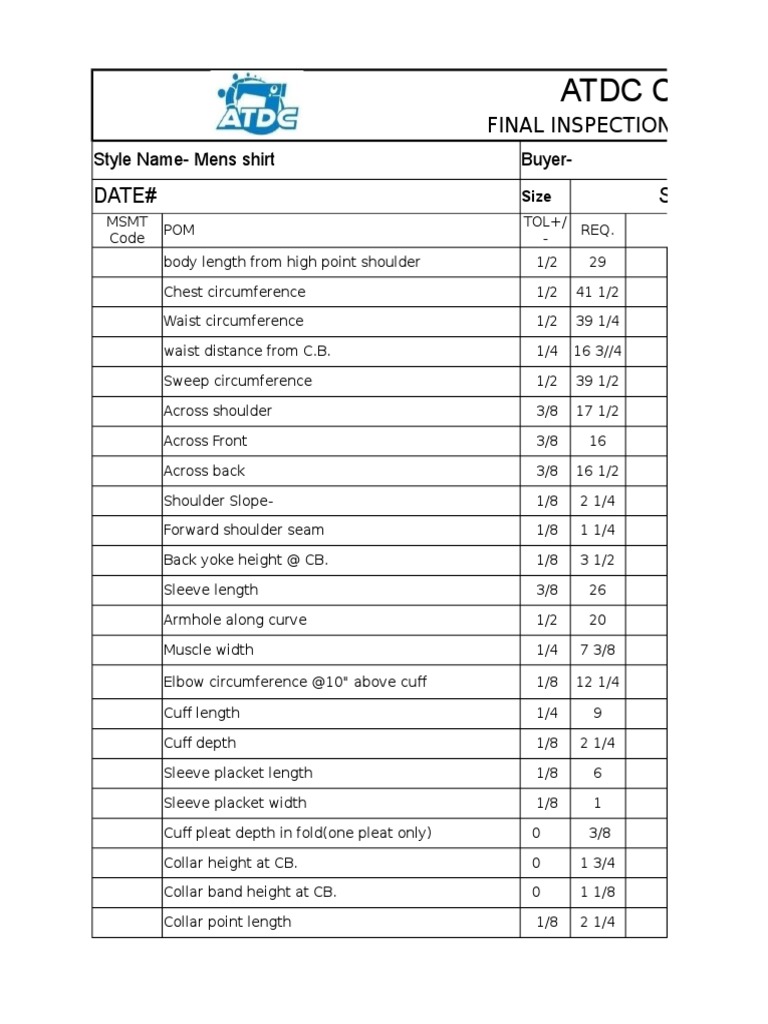 Mens Shirt Spec. Sheet | PDF | Seam (Sewing) | Softlines (Retail)