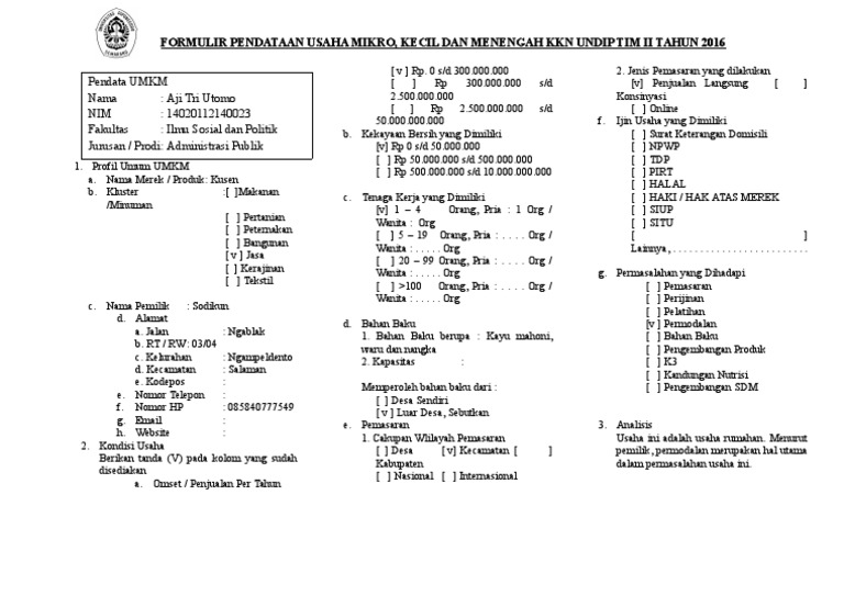Contoh Pendataan Umkm | PDF | Karier & Perkembangan | Bisnis