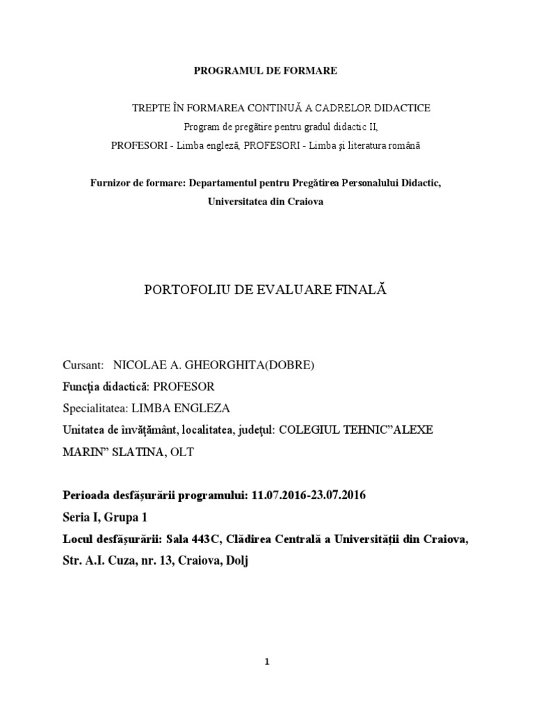 Portofoliu Evaluare Finala | PDF