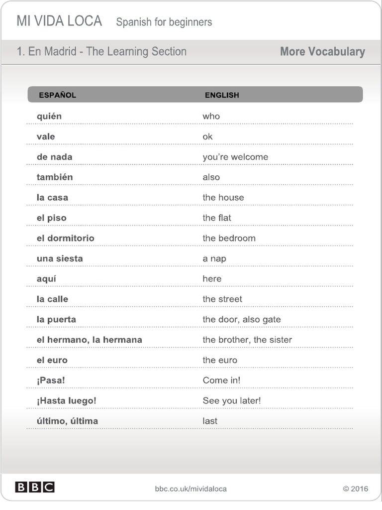 BBC Learn Spanish - Mi Vida Loca - Learn Section 1 | PDF