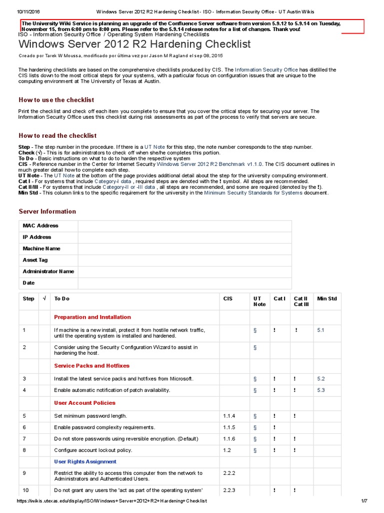 Windows Server 2012 R2 Hardening Checklist - IsO - Information Security ...