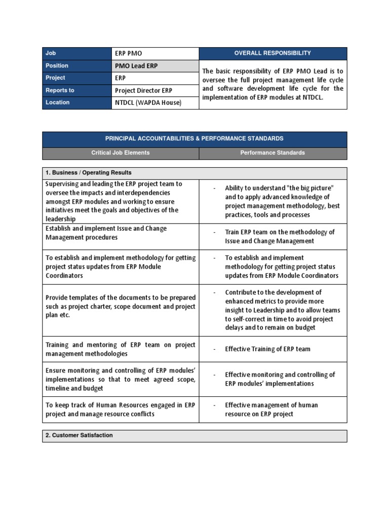 Pmo Lead Erp: Job Overall Responsibility Position Project Reports To ...