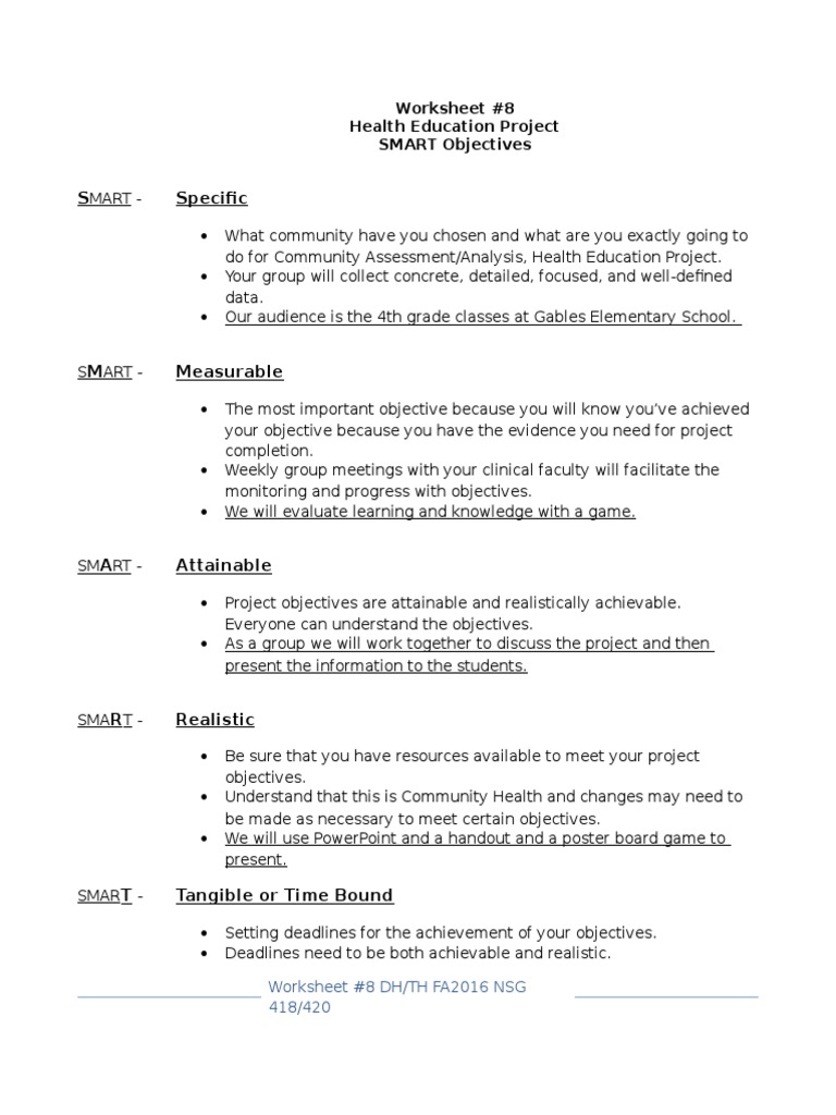 SMART Objectives for Health Education Project | PDF