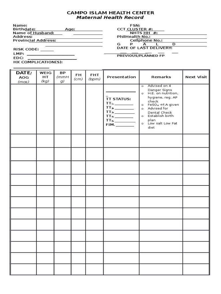 Maternal Health Record Template | PDF
