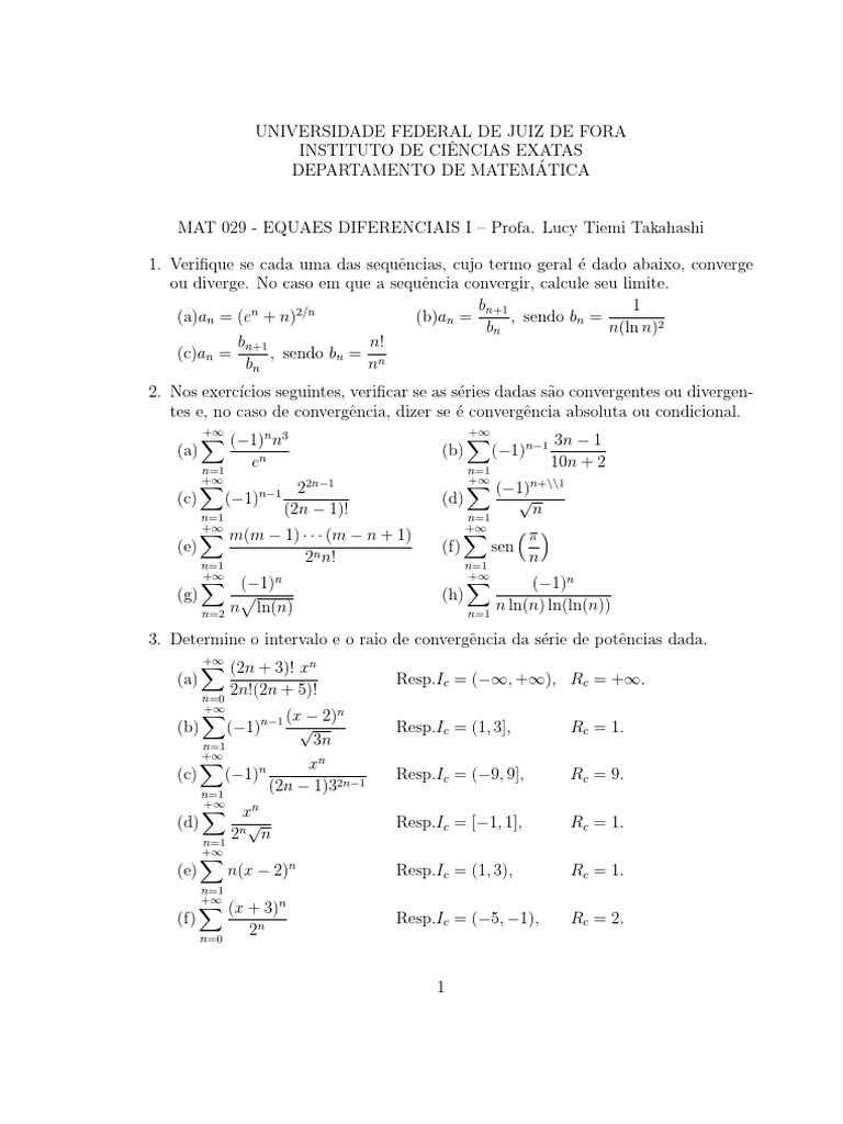 Lista - Sequencias e Series | PDF | Ensino de Matemática | Analise matemática