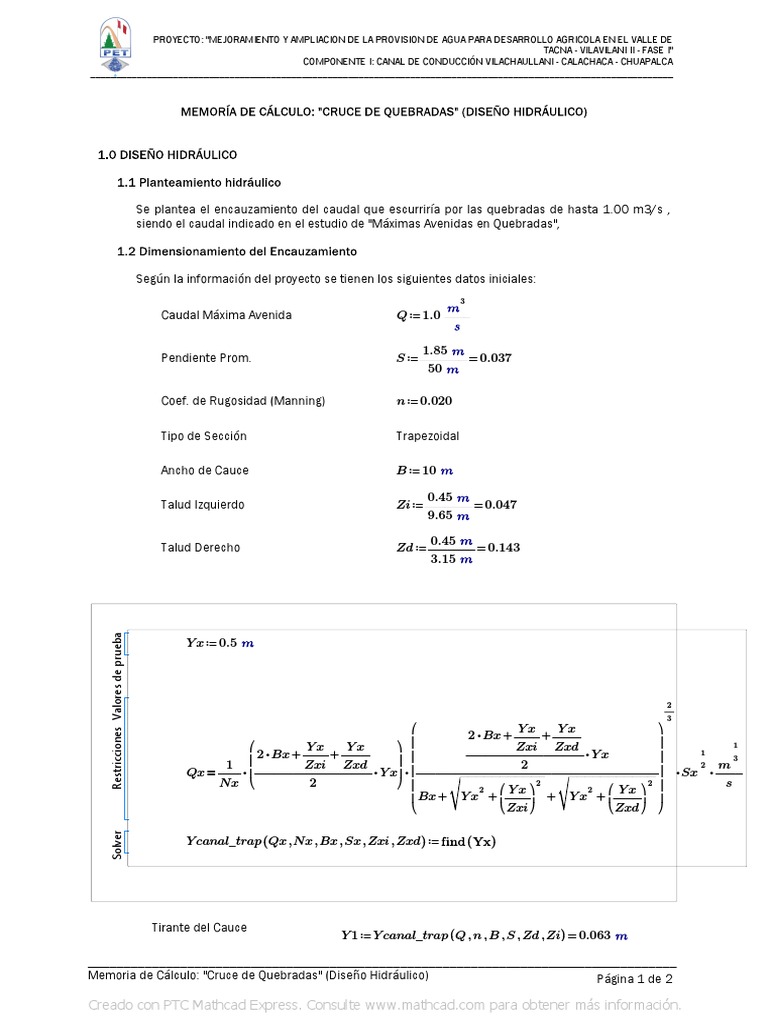 Calculo Hidraulico Cruce de Quebrada | PDF