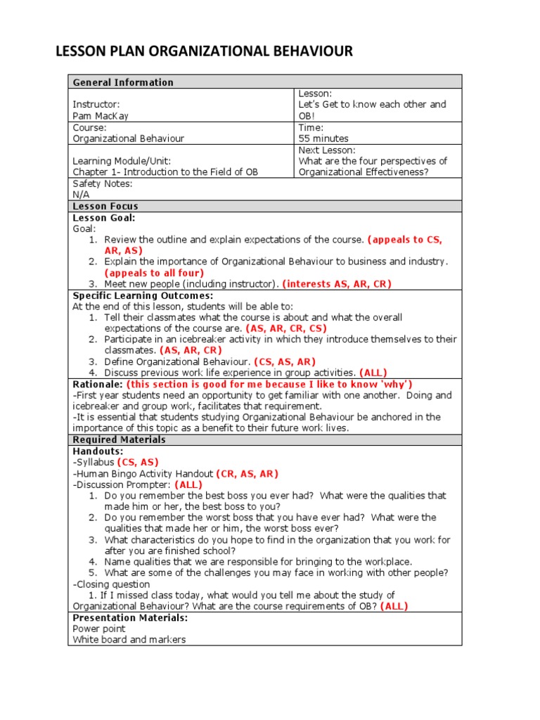 Lesson Plan 2 | PDF | Lesson Plan | Organizational Behavior