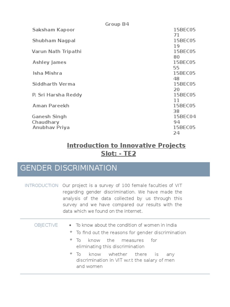 Gender Discrimination: Introduction To Innovative Projects Slot: - TE2 ...