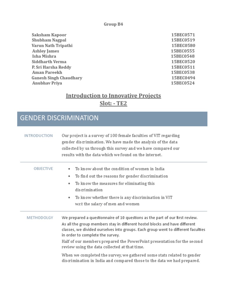 Gender Discrimination: Introduction To Innovative Projects Slot: - TE2 ...