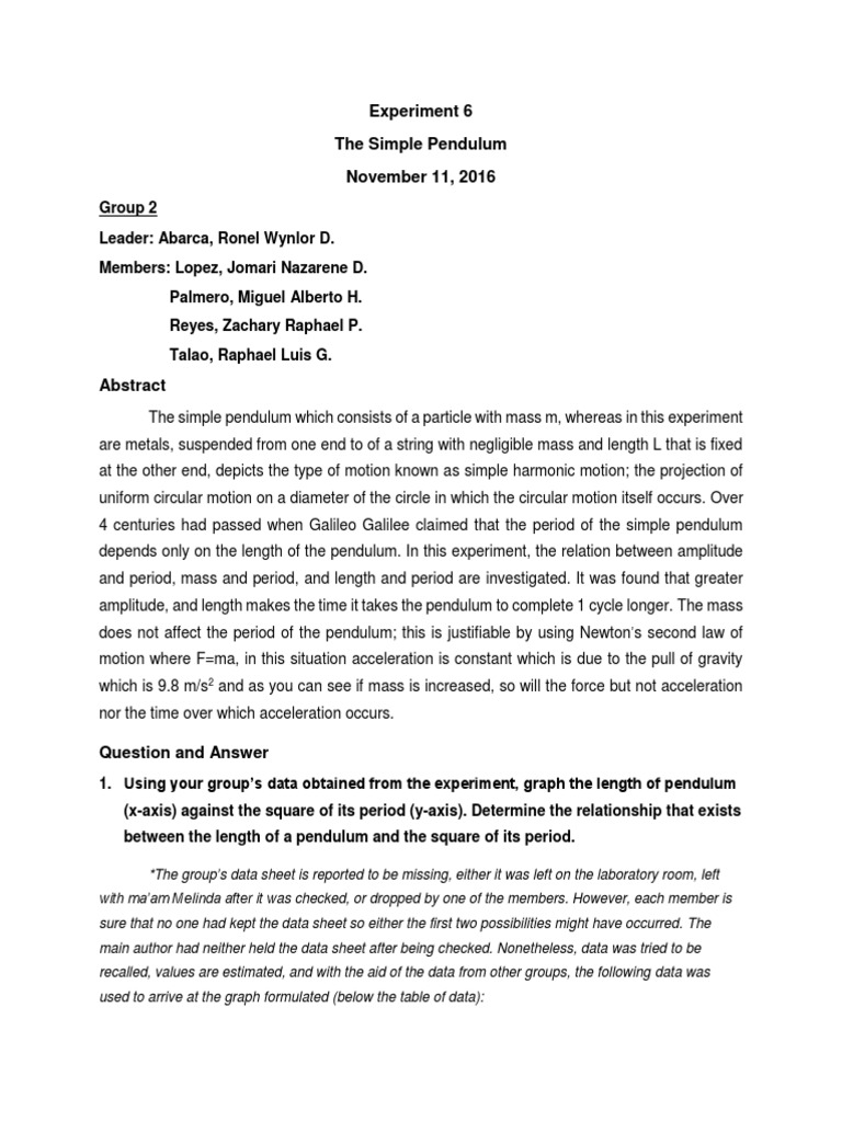 Experiment 6 The Simple Pendulum | PDF | Pendulum | Mass