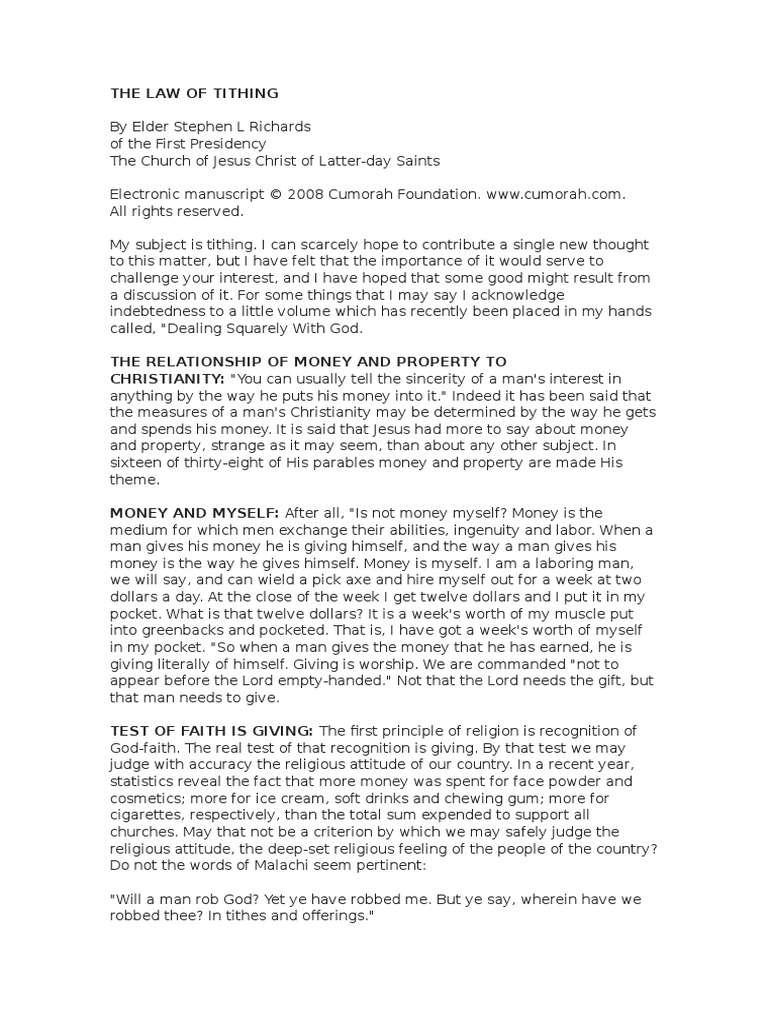 The Law of Tithing - Stephen L Richards | PDF | Tithe | Jesus