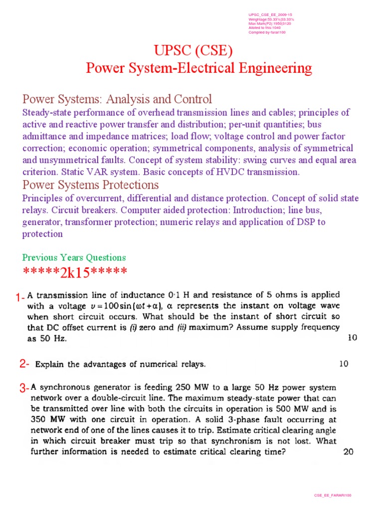 Compiled Electrical Engineering Questions from UPSC CSE 2009-2015 Exams ...