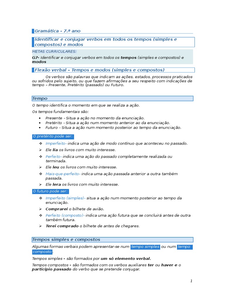 Verbos - Tempos e Modos | PDF | Tempo gramatical | Morfologia