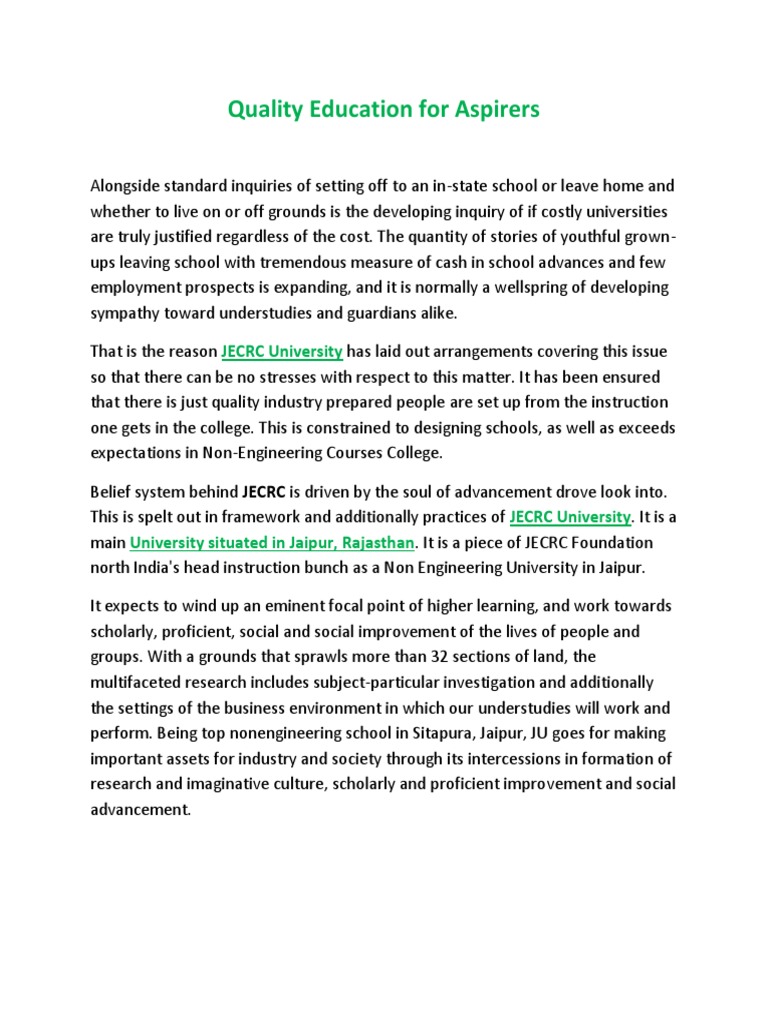 Quality Education For Aspirers JECRC University | PDF