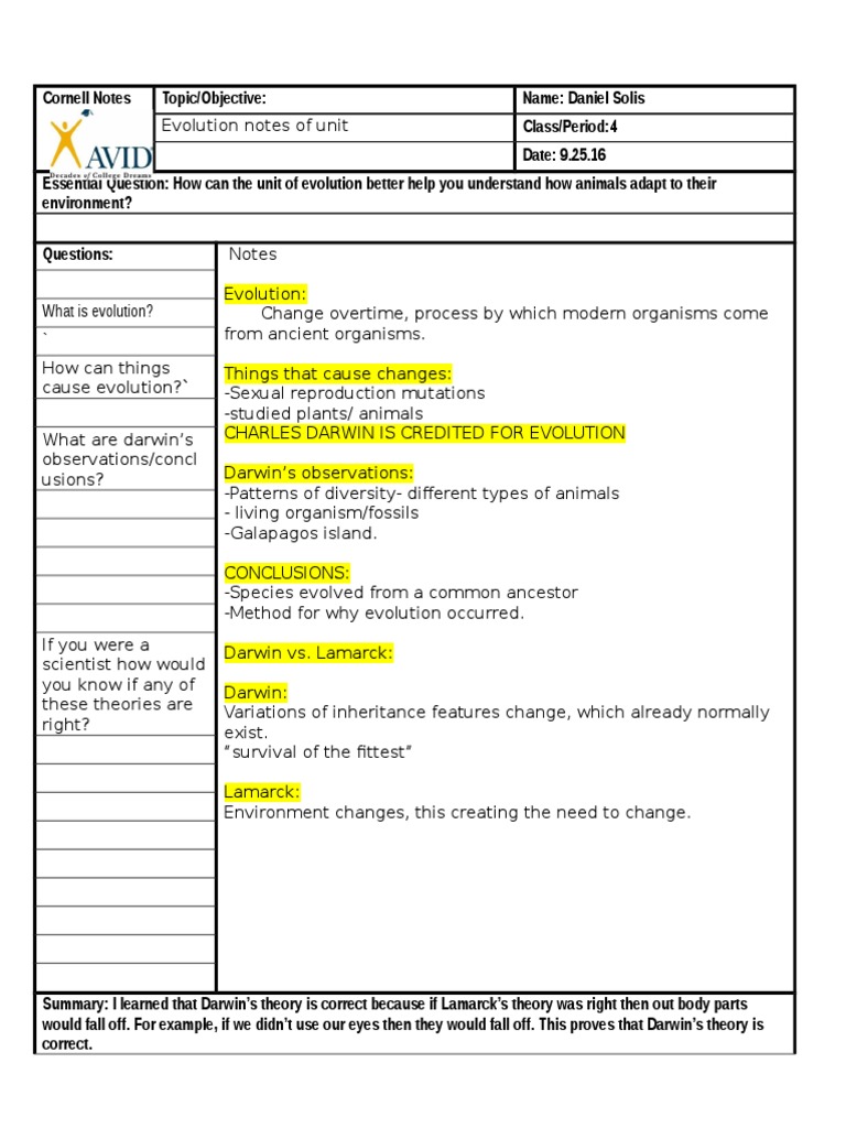 Cornell Notes of Unit of Evolution | PDF