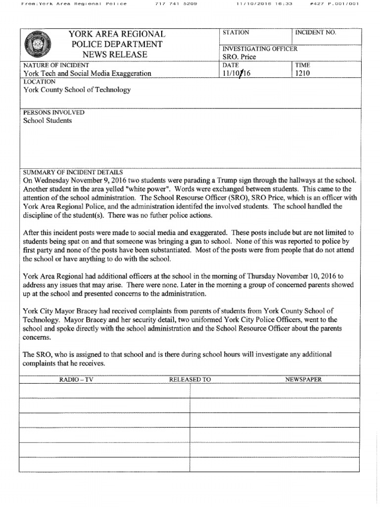 Release On Incident at York Vo-Tech | PDF