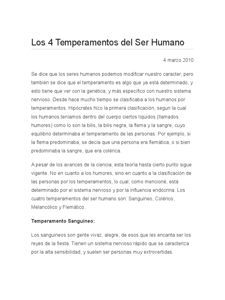 Los 4 Temperamentos Del Ser Humano Pdf Temperamento Sicología