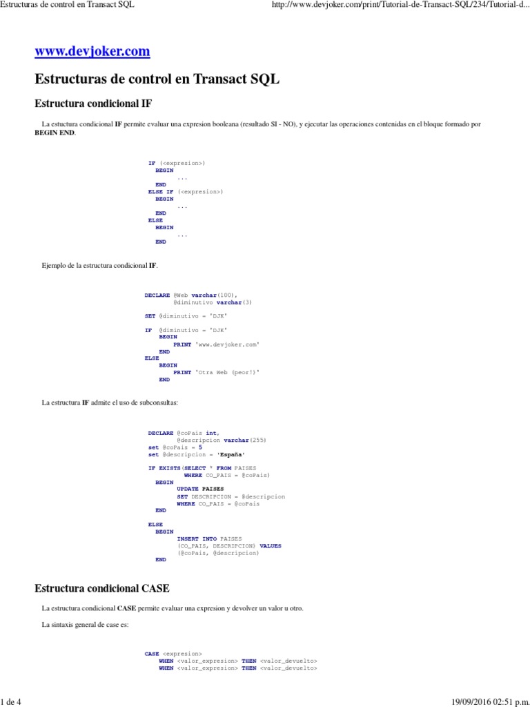 Estructuras de Control en Transact SQL | PDF | SQL | Ingeniería Informática