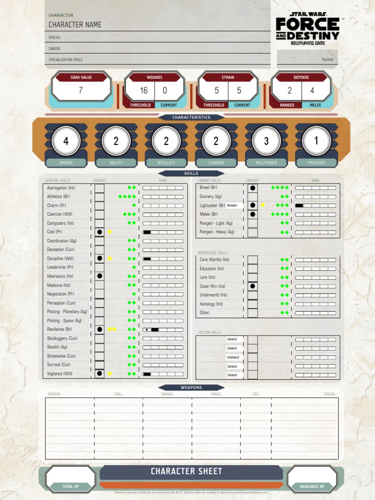 Force and Destiny Character Sheet Form Fillable v2 | PDF