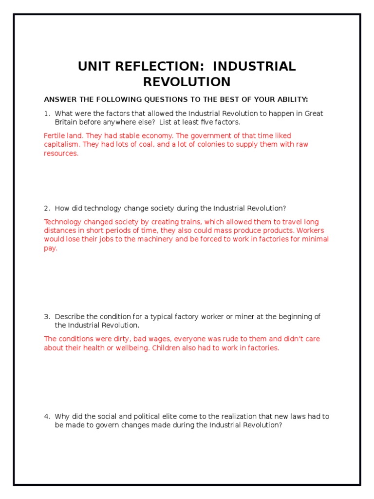 Unit Reflection Industrial Revolution 1 | PDF