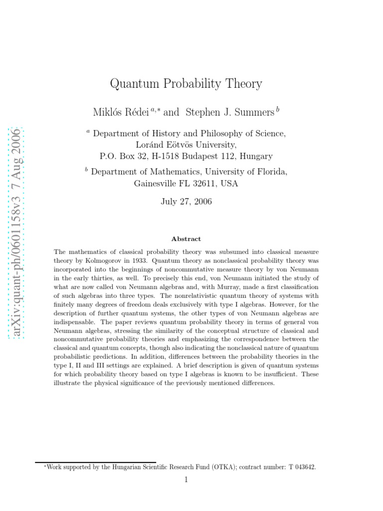 Quantum Probability Theory: Mikl Os R Edei and Stephen J. Summers | PDF ...
