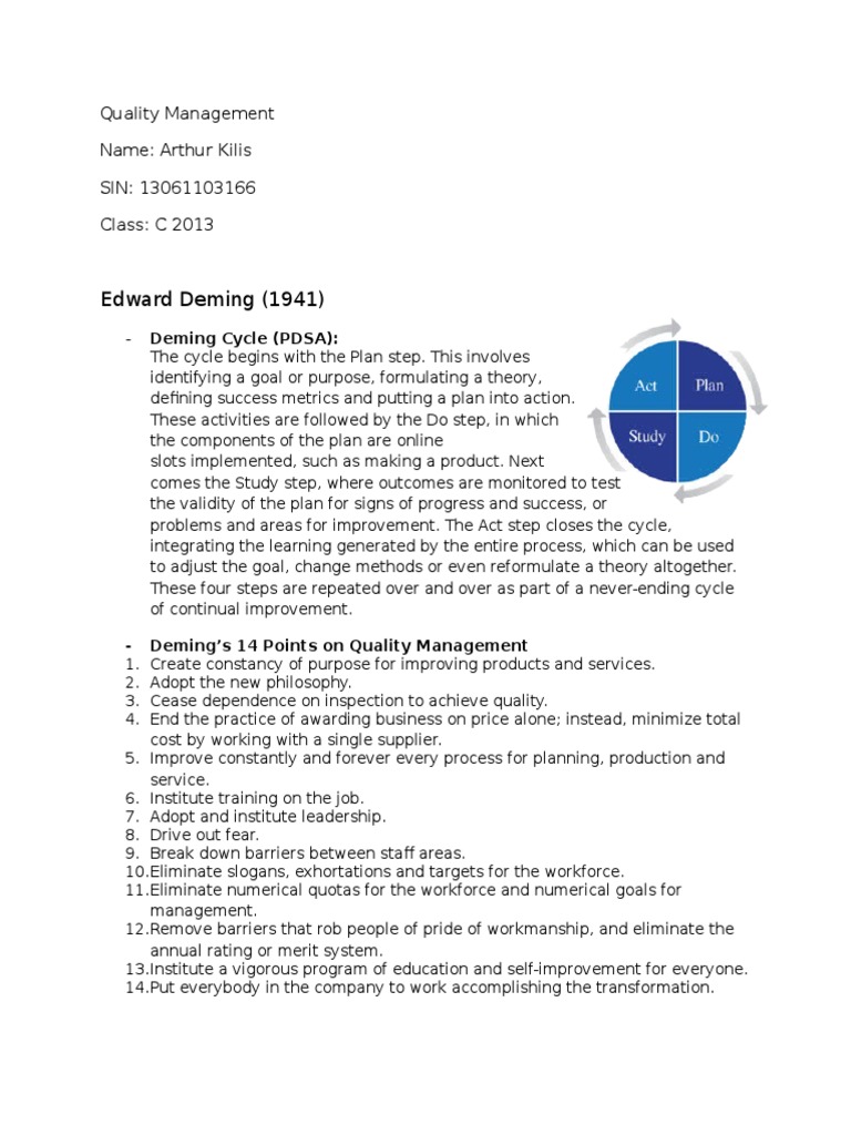 Edward Deming (1941) : Quality Management Name: Arthur Kilis SIN ...