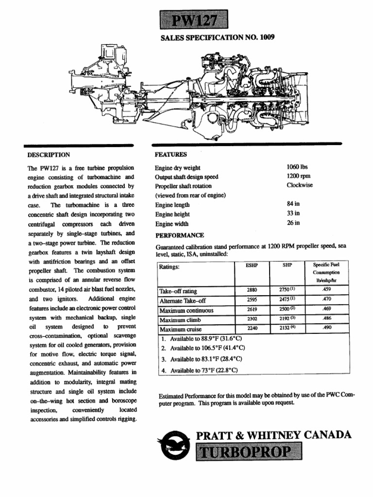 PW127 Turboprop Sales Specification No 1009 Datasheet | Aircraft ...