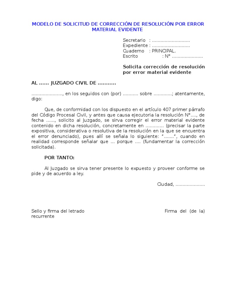 Modelo De Solicitud De Corrección De Resolución Por Error Material Evidente
