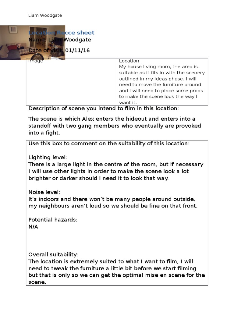 Location Recce Sheet | PDF | Language Arts & Discipline | Home & Garden