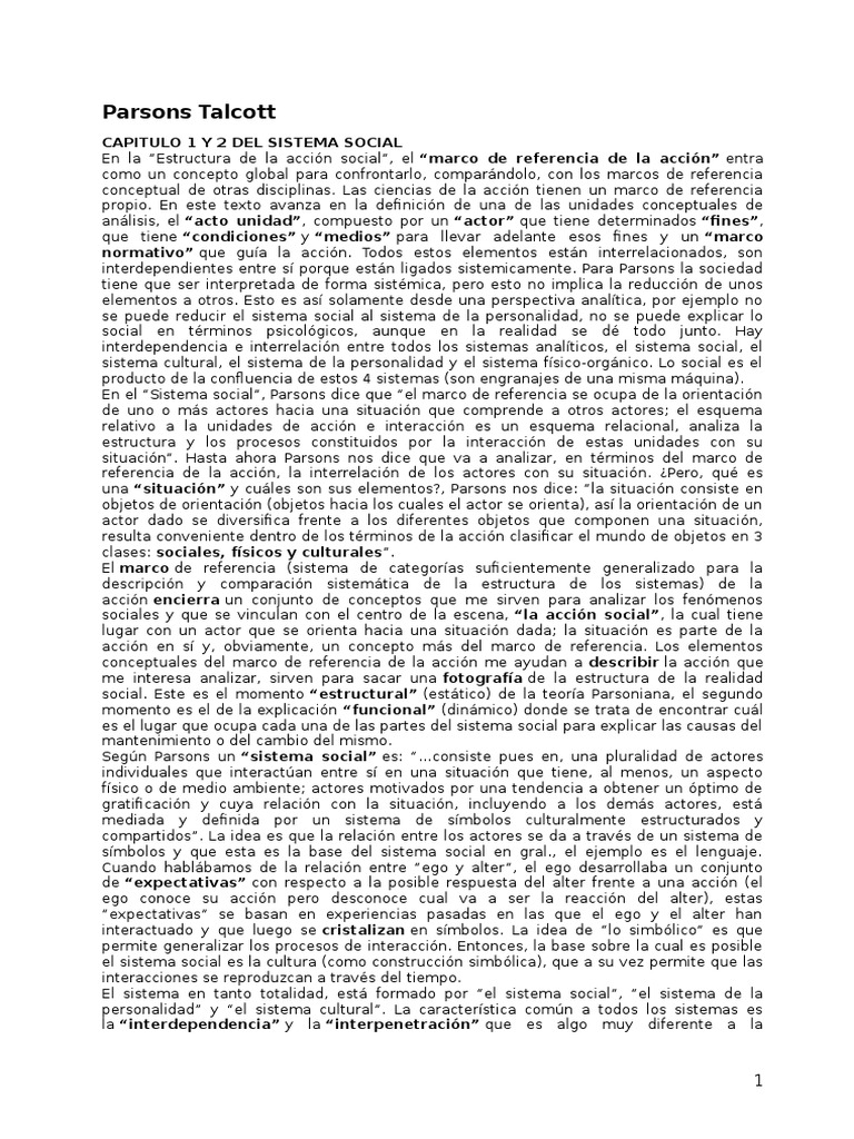 Parsons, Talcott CAPITULO 1 Y 2 DEL SISTEMA SOCIAL | PDF | Sociedad | Science