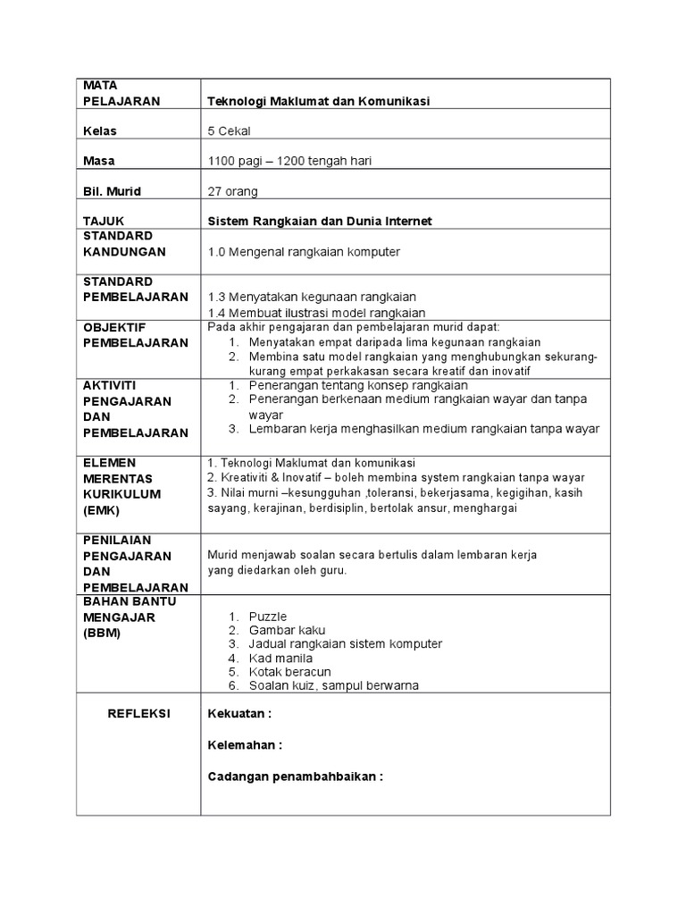 Contoh Rancangan Pengajaran Harian TMK Tahun 5 | PDF