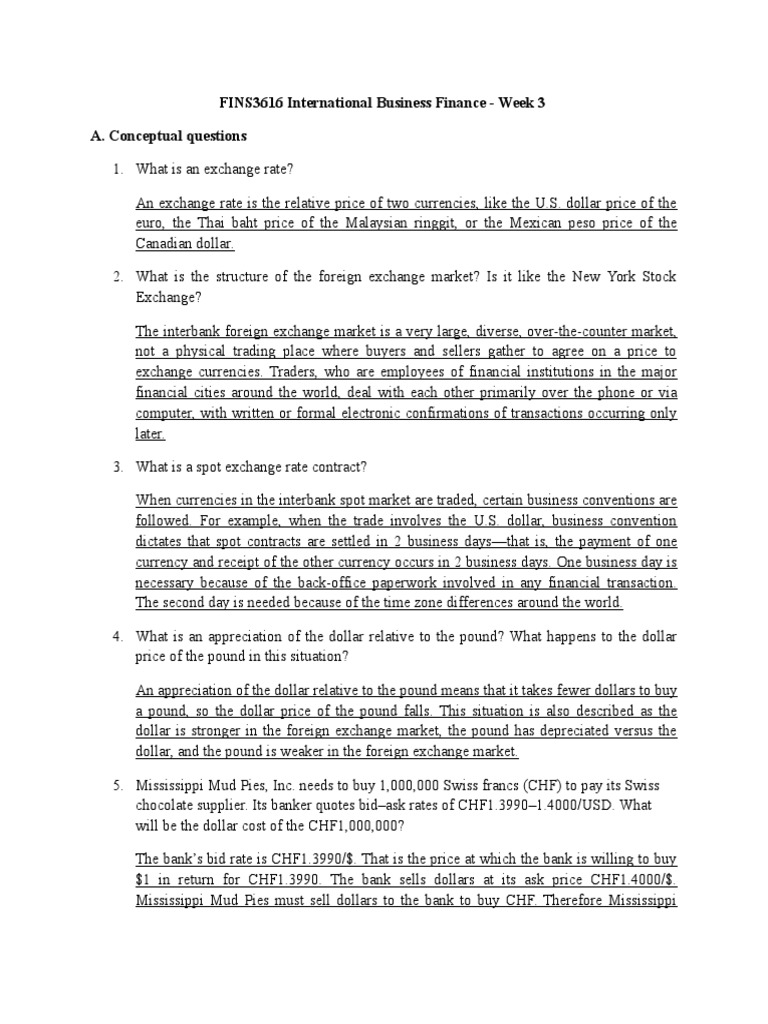 FINS 3616 Tutorial Questions-Week 3 - Answers | PDF | Exchange Rate | Foreign Exchange Market