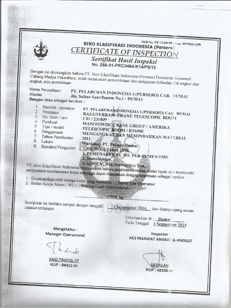 Sertifikat of Inspection | PDF