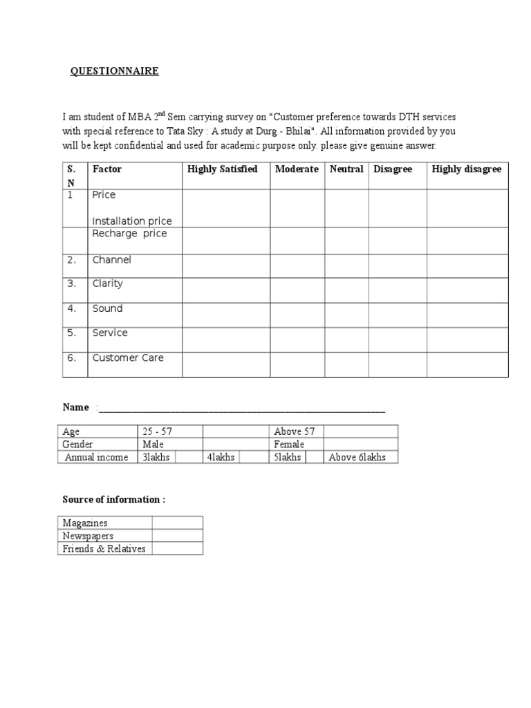 Questionnaire: 1 Price Installation Price Recharge Price 2. Channel 3 ...