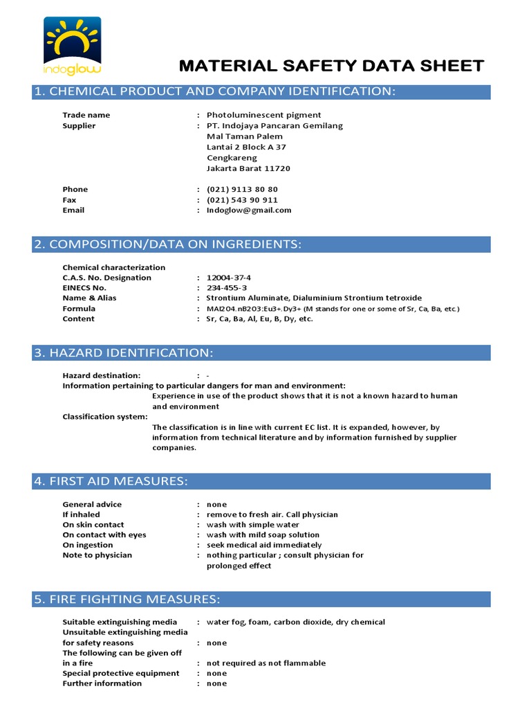 Strontium Glow Powder MSDS | PDF | Chemistry | Materials