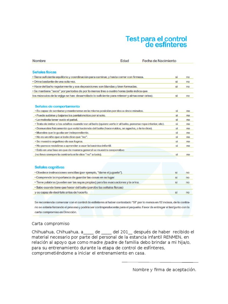 Evaluacion de Control de Esfinter | Pañal | Guardería