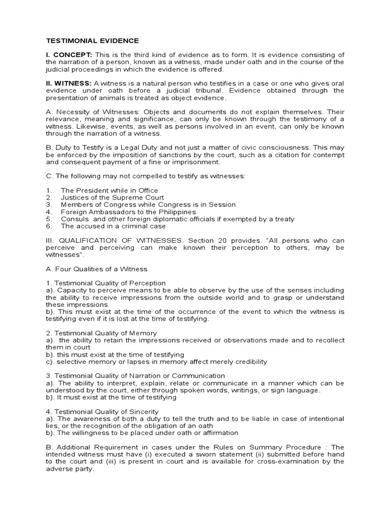 Testimonial Evidence I. CONCEPT: This Is The Third Kind of Evidence As ...