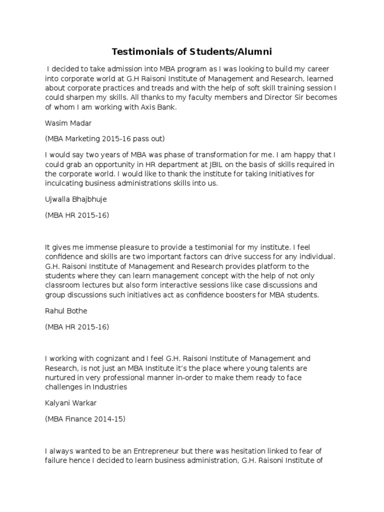 Testimonial Of Students Pdf