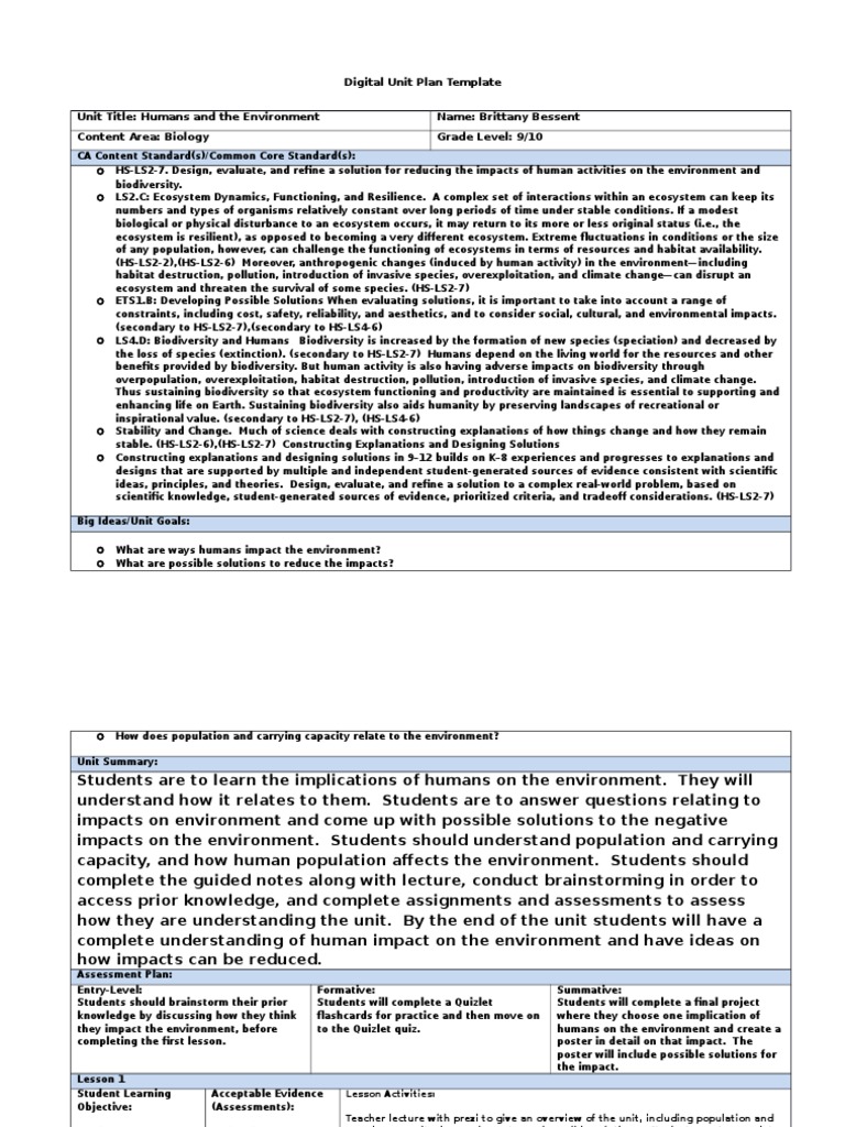 Digital Unit Plan Template Unit Title: Humans and The Environment Name ...